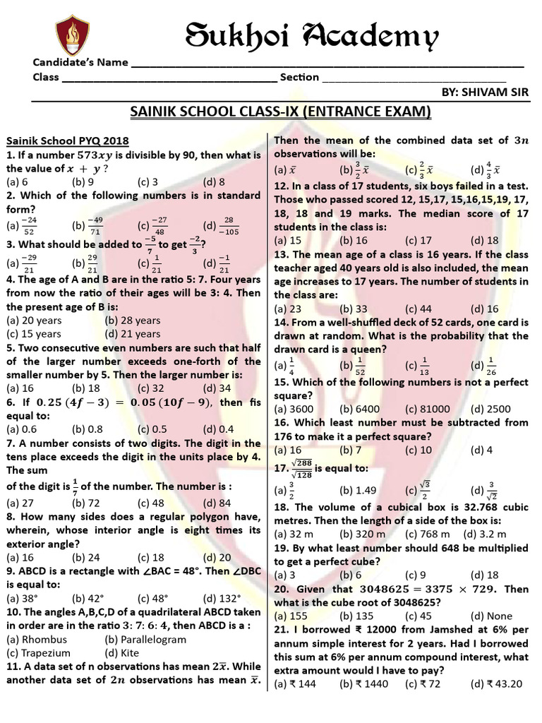 0004 Maths Sainik PYQs 2018 | PDF | Elementary Geometry | Euclidean Geometry