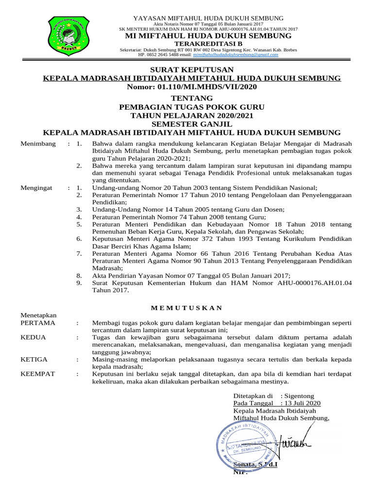 SK Tugas Guru 2020-2021 | PDF