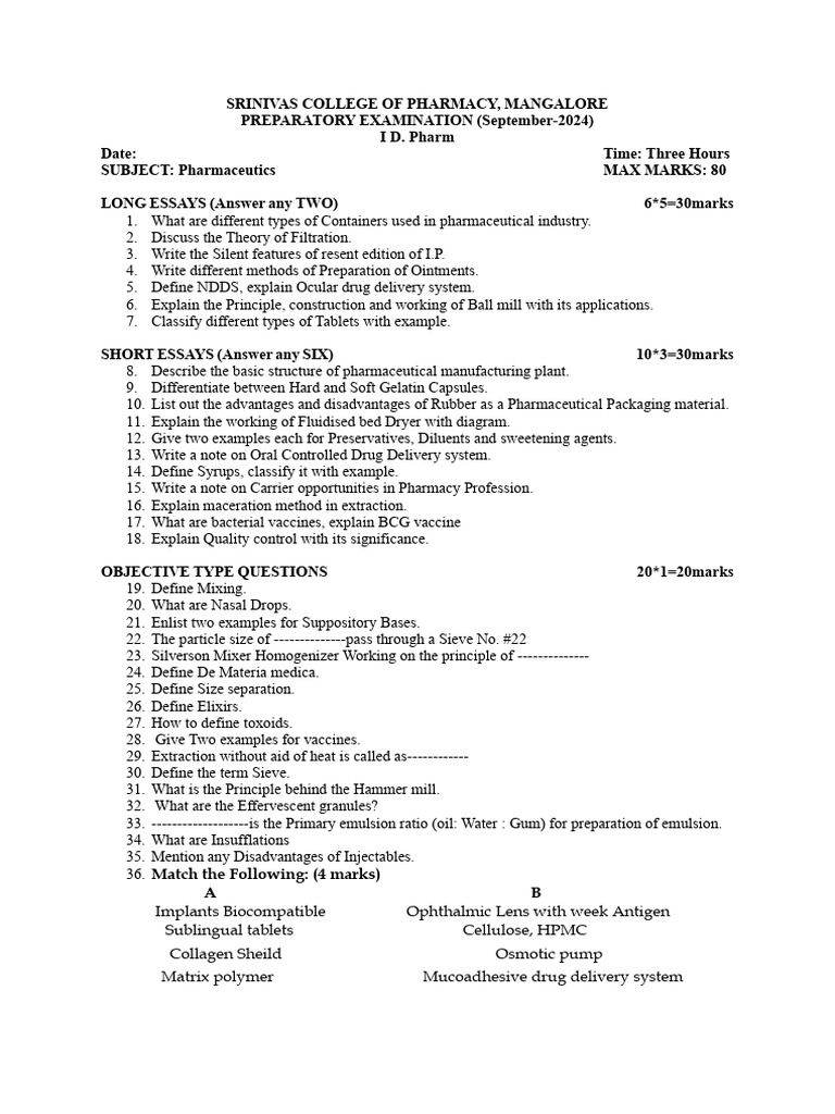 Question Paper 1 - Preparatory Exam | PDF | Tablet (Pharmacy ...