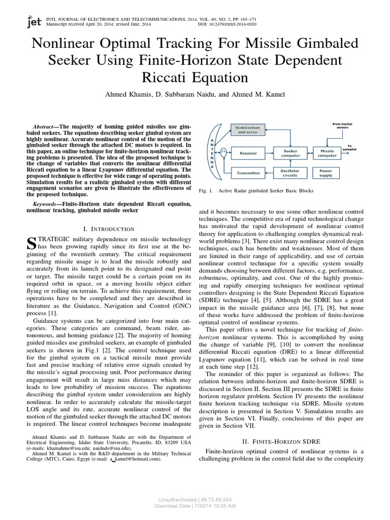 Nonlinear Optimal Tracking For Miss | PDF | Nonlinear System | Optimal ...