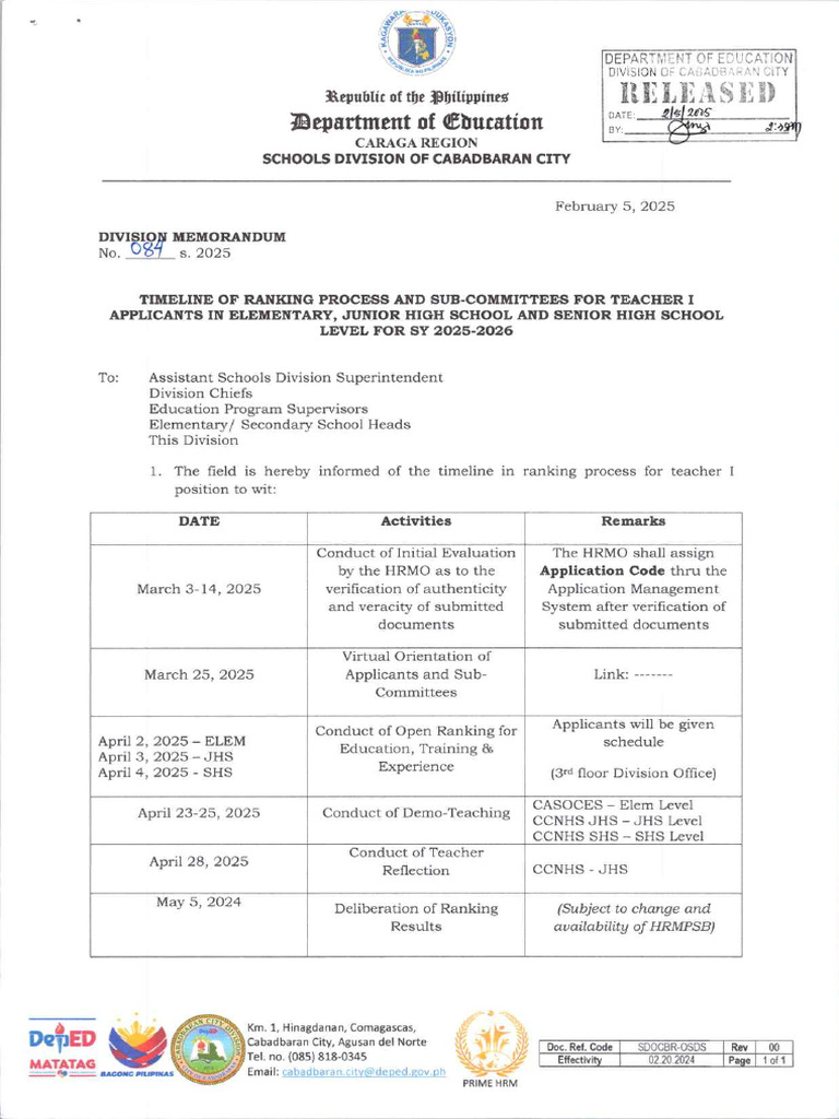 DM No. 084, S. 2025 TIMELINE OF RANKING PROCESS AND SUB-COMMITTEES FOR ...