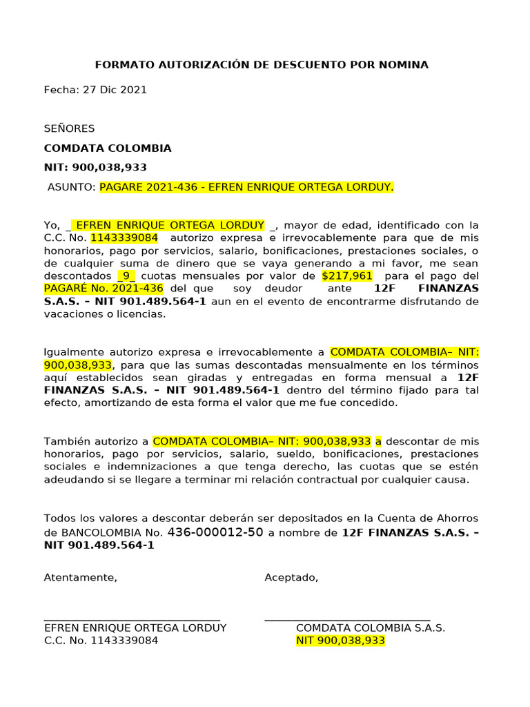 Autorización Descuento Nómina 2021 | PDF