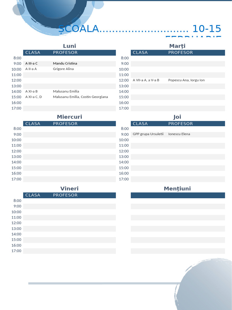 ANEXA 3. Model Programare Săptămânală | PDF