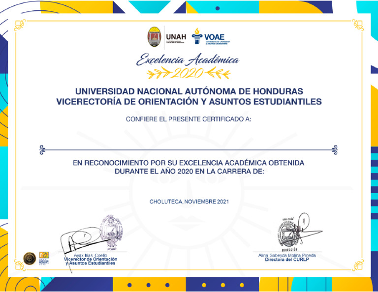 Diploma de Excelencia Académica 2020 - CRAED Choluteca-261 | PDF
