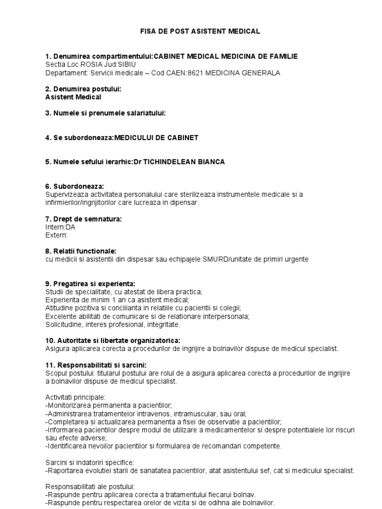 Fisa de Post Asistent Medical | PDF