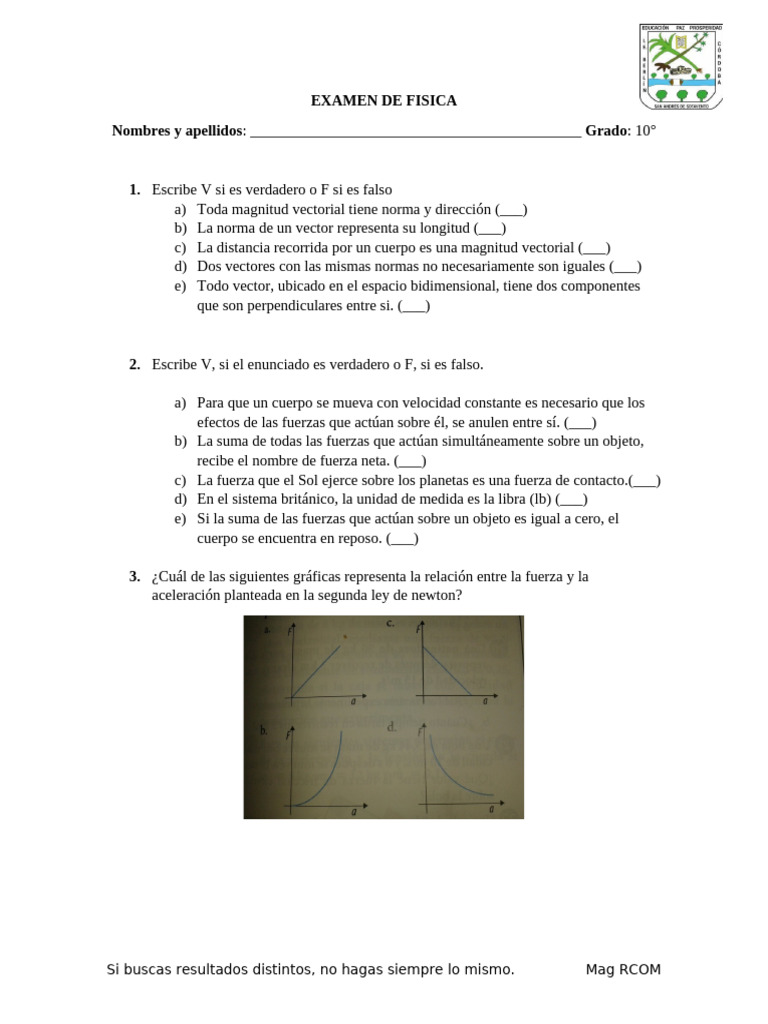 Examen Final de Física Segundo Periodo | PDF | Fuerza | Vector Euclidiano