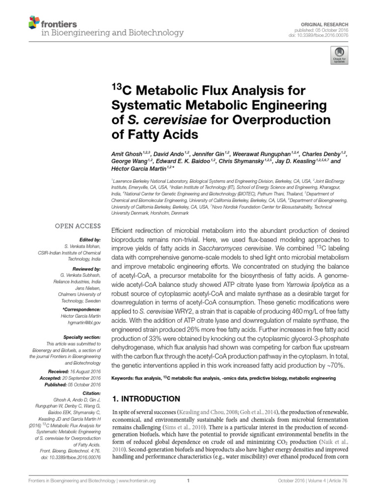 13C Metabolic Flux Analysis For Systematic Metabolic Engineering of S. Cerevisiae For ...