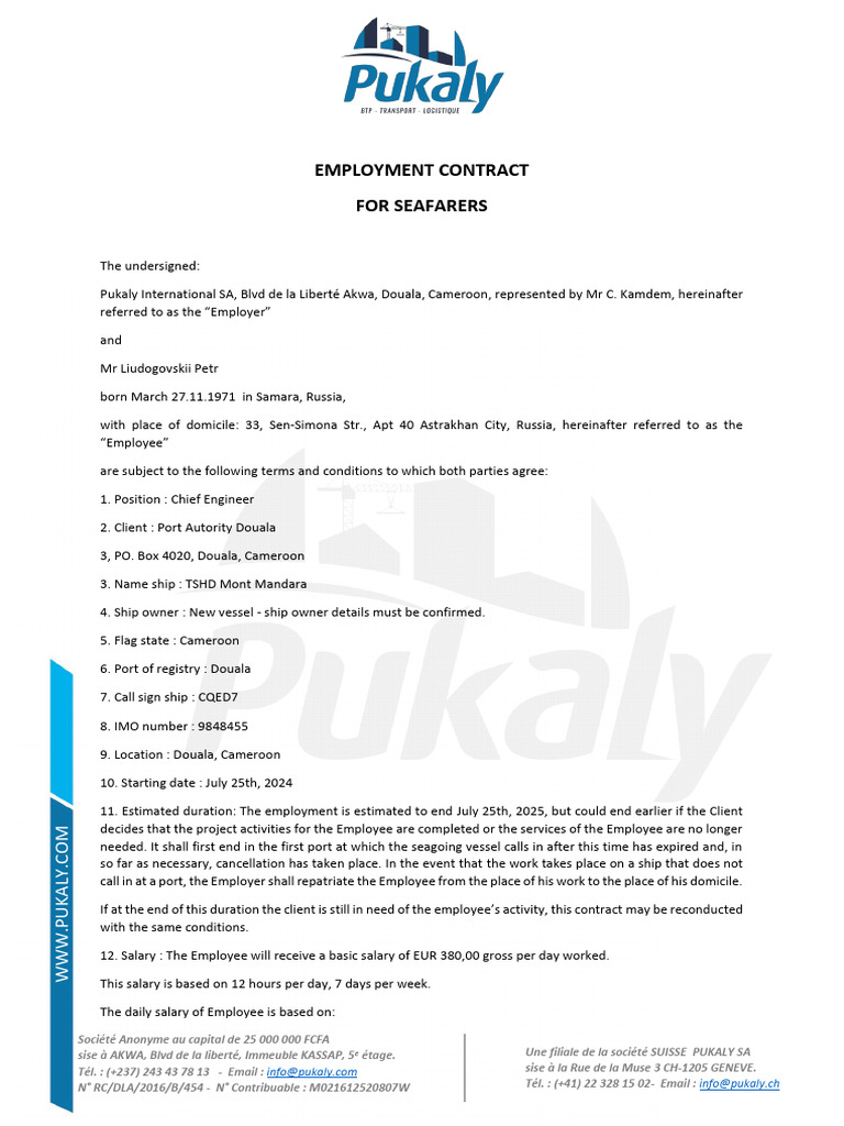 New Seafarer Contract Petr Liudogovskii Signed | PDF | Social Security ...