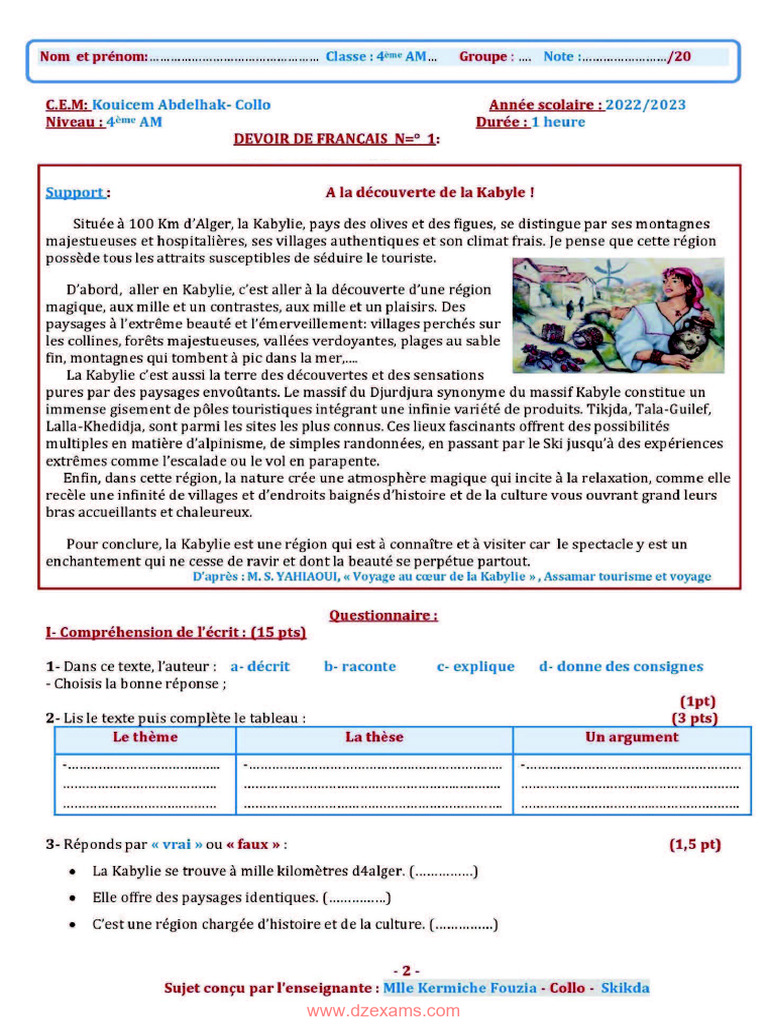 Sujet Français 4AM pour Examens | PDF