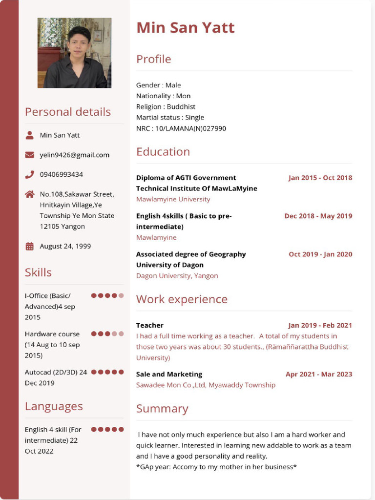 Resume Min San Yatt | PDF