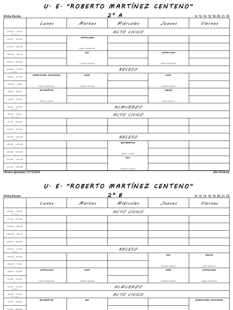 Horario Escolar U.E. Roberto Martínez | PDF