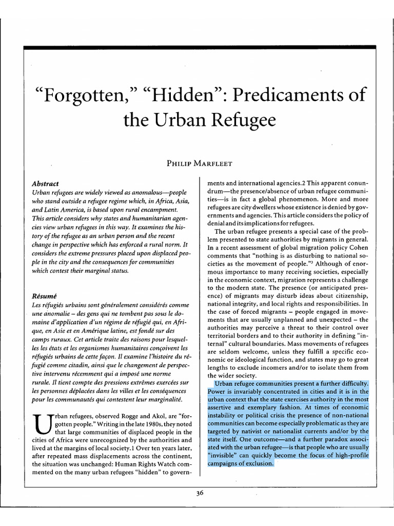 Marfleet, P - "Forgotten," "Hidden" - Predicaments of The Urban Refugee | PDF | Refugee | United ...