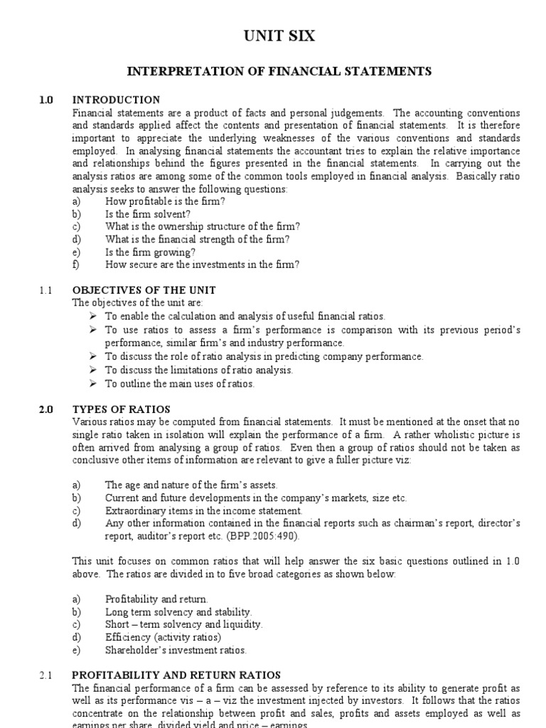 Fin & Acc For MGT - Interpretation of Accounts Handout | PDF | Leverage (Finance) | Equity (Finance)