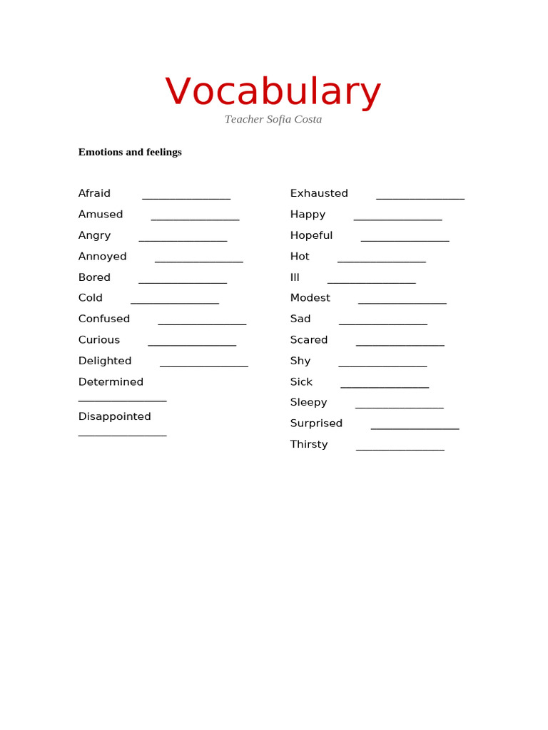 Vocabulary Feelings and Emotions | PDF
