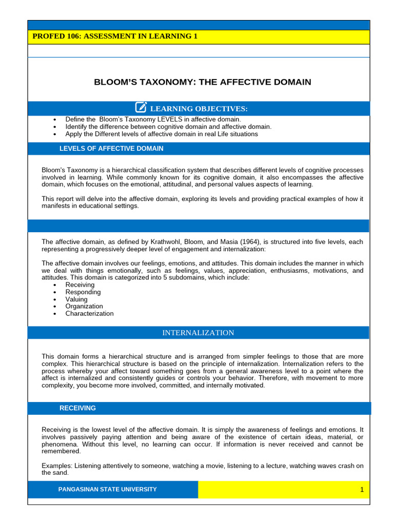 Blooms Taxonomy - The Affective Domain | PDF | Affect (Psychology ...
