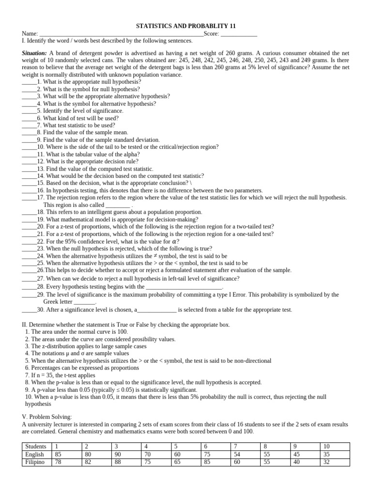 Summative-Examination-Stat | PDF | Null Hypothesis | Hypothesis