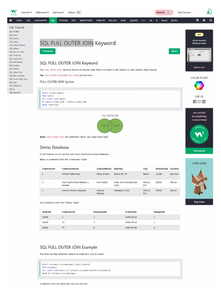22) SQL Full Outer Join | PDF