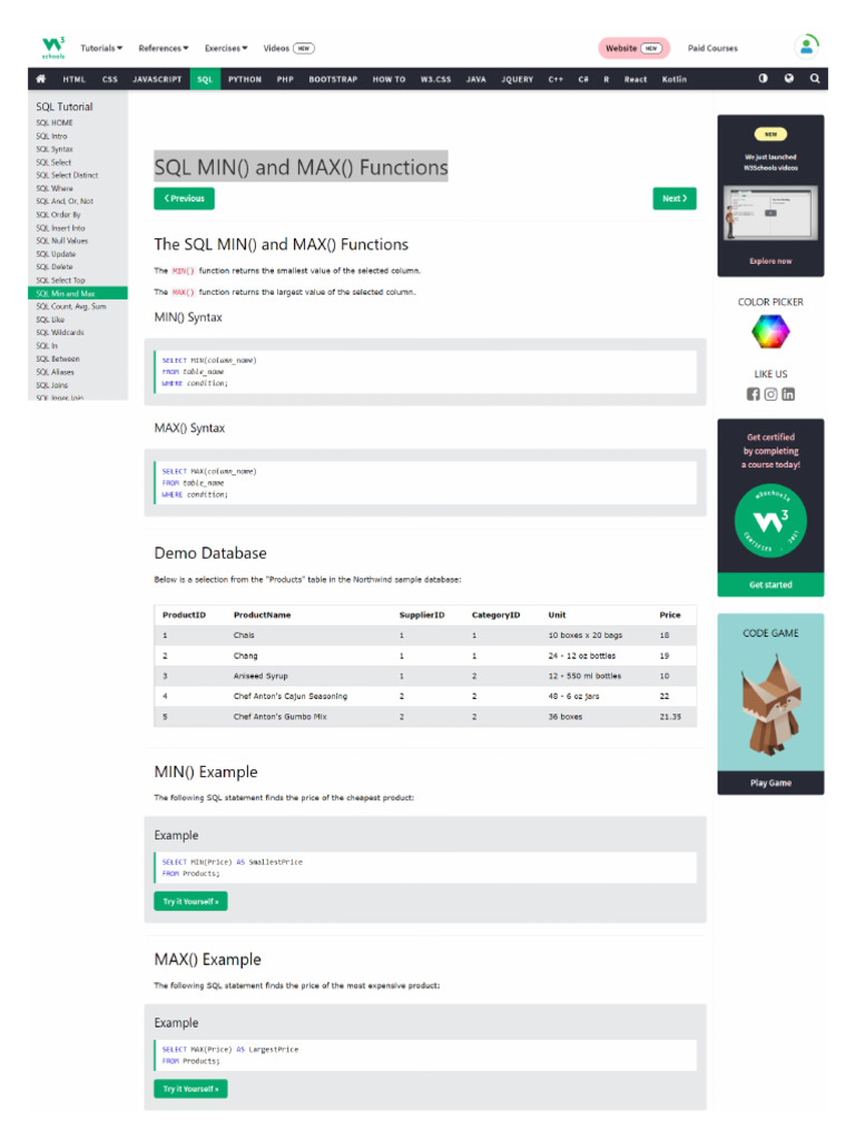 12) SQL MIN and MAX Functions | PDF