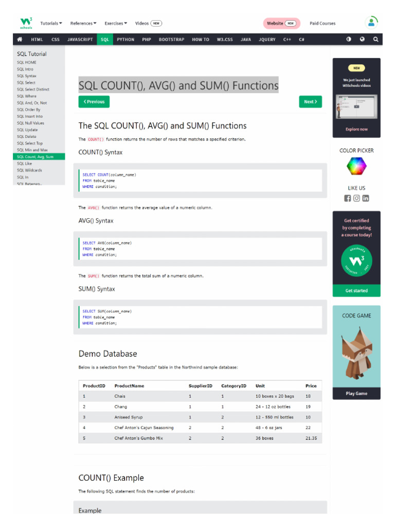 11) SQL COUNT, AVG and SUM Functions | PDF