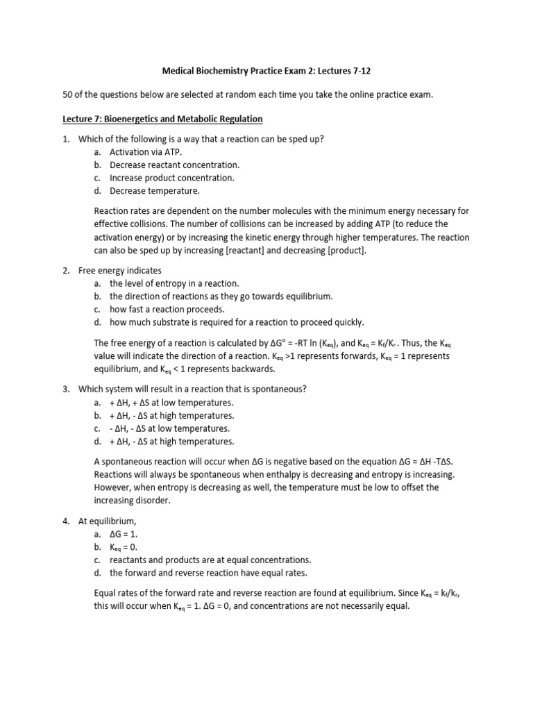 Biochem Practice Exam 2 Explanations | PDF | Chemical Reactions ...
