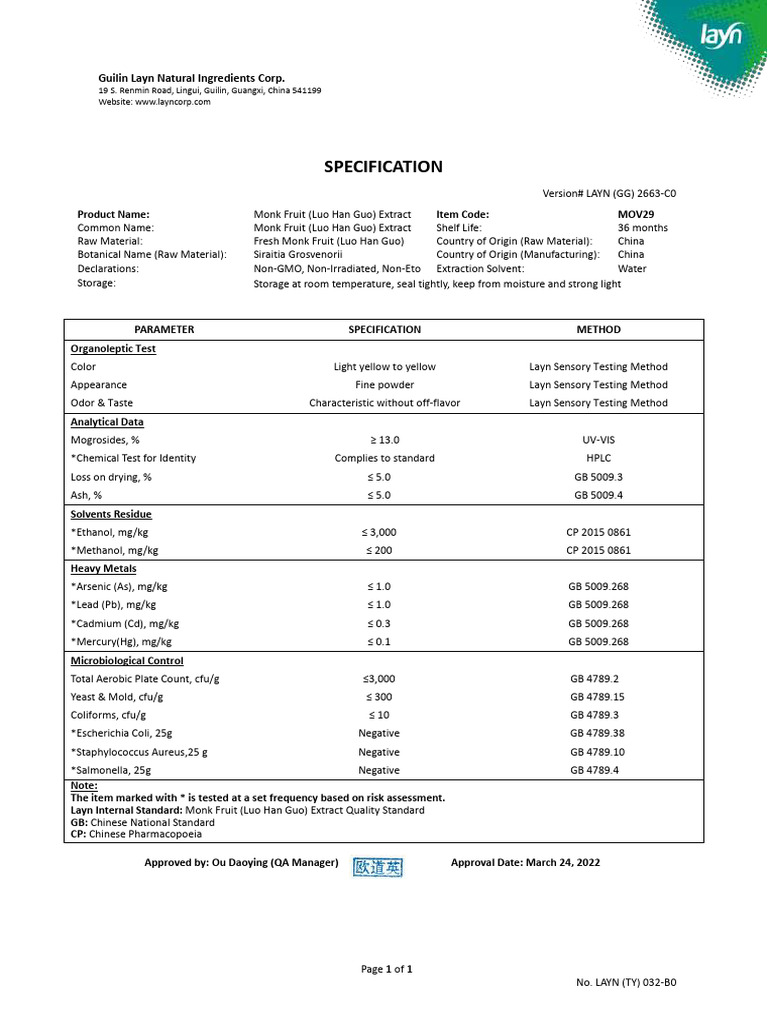 Monk Fruit Extract Specification Guide | PDF