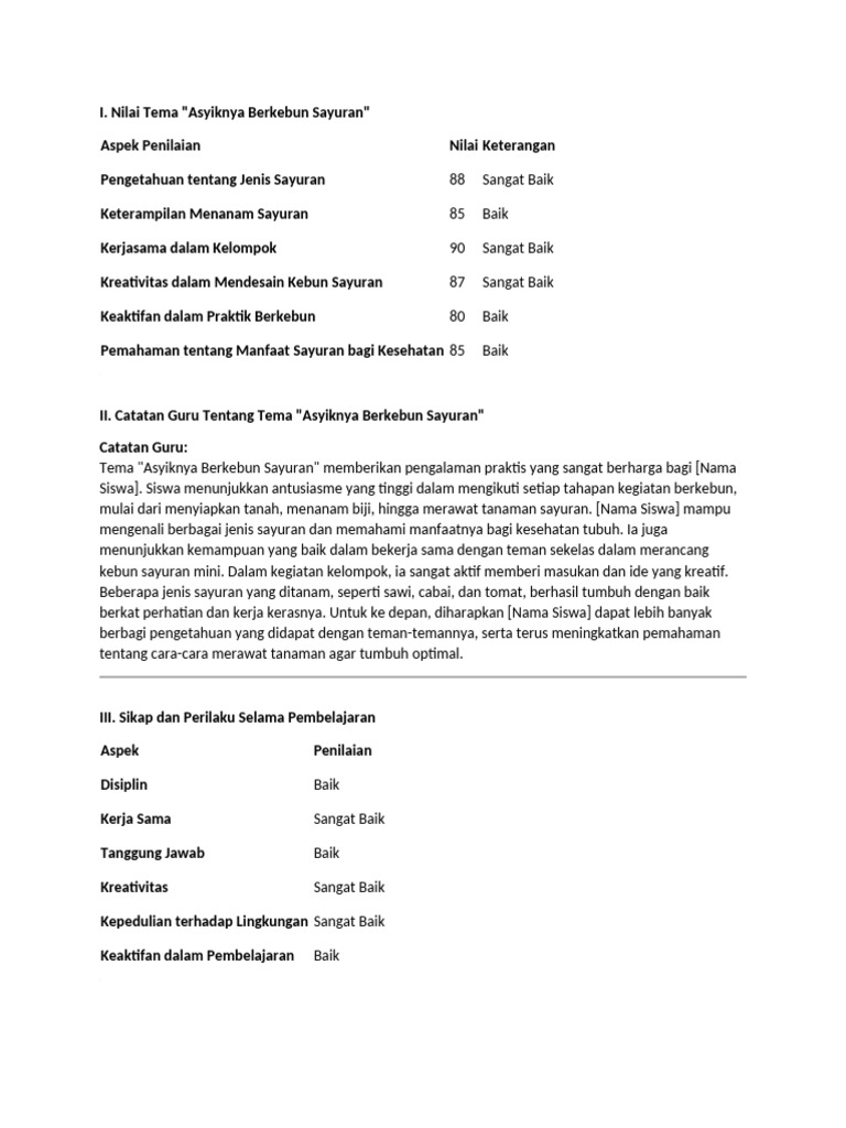 Contoh rapot P5 | PDF