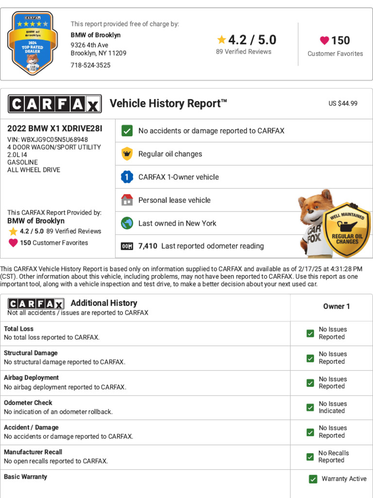 CARFAX Vehicle History Report For This 2022 BMW X1 XDRIVE28I ...