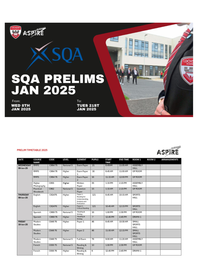 Pupil Prelim Timetable 2025 Final | PDF
