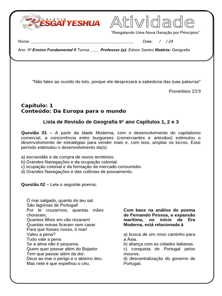LISTA_EXERCÍCIO_GEO__9°ano_I_CICLO_CAP_1_2_3. | PDF | África | Europa