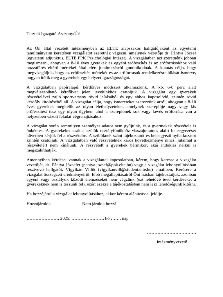 Tisztelt Igazgató Asszony v Úr VV | PDF