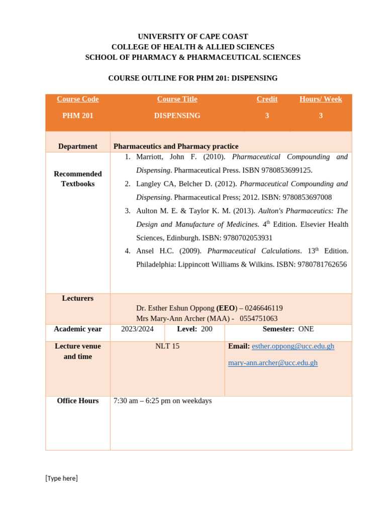 Dispensing Course Outline | PDF | Pharmacy | Dose (Biochemistry)