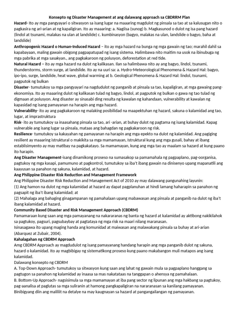 Konsepto NG Disaster Management at Ang Dalawang Approach Sa CBDRRM Plan ...