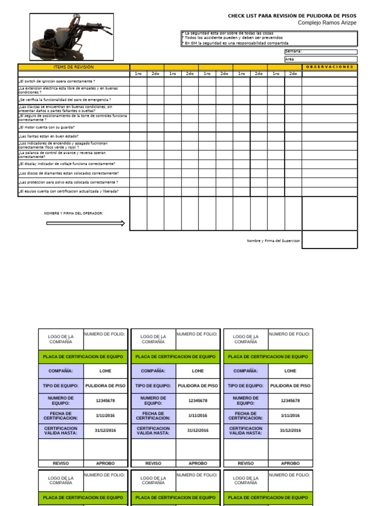 Check List Pulidora de Pisos | PDF