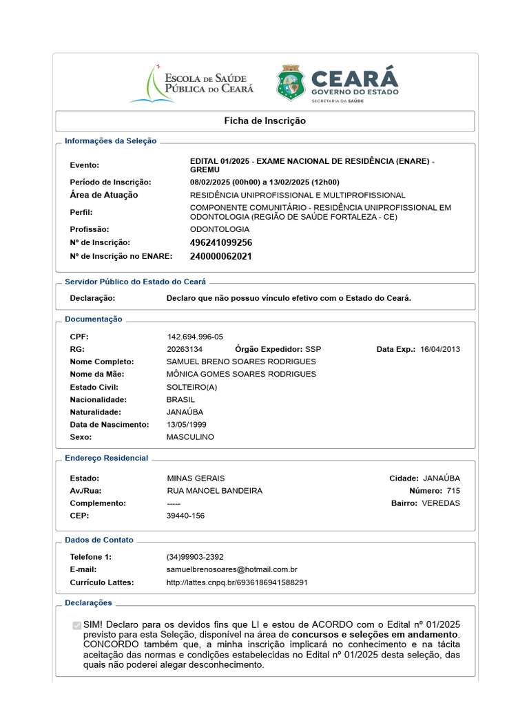 EDITAL 01 - 2025 - EXAME NACIONAL DE RESIDÊNCIA (ENARE) - GREMU - Ficha ...