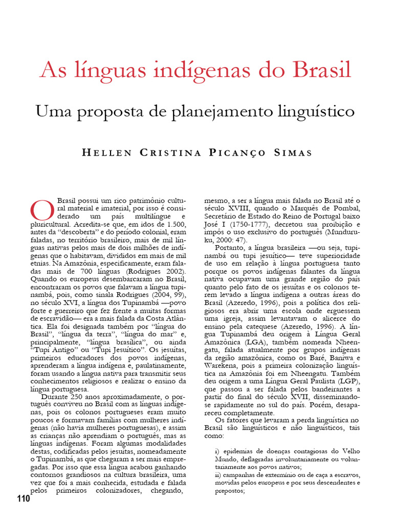 Língua - Indígena - Brasil - HELLEN CRISTINA PICANÃ-O SIMAS G238 | PDF | Brasil | Povos indígenas