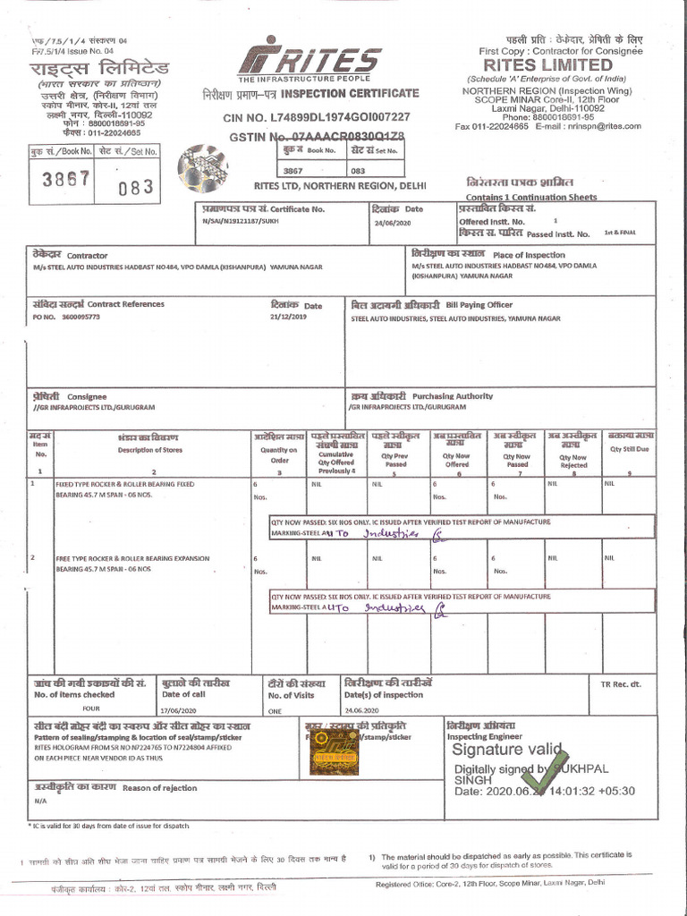 Inspection Certificate - Roller & Rocker Bearings. | PDF