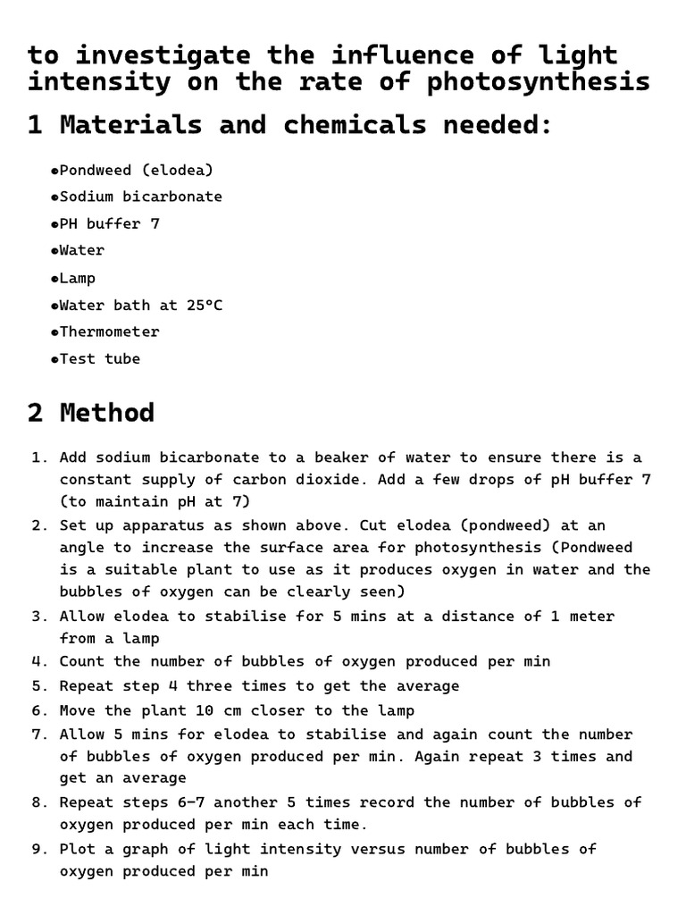 To Investigate The Influence of Light Intensity On The Rate of ...