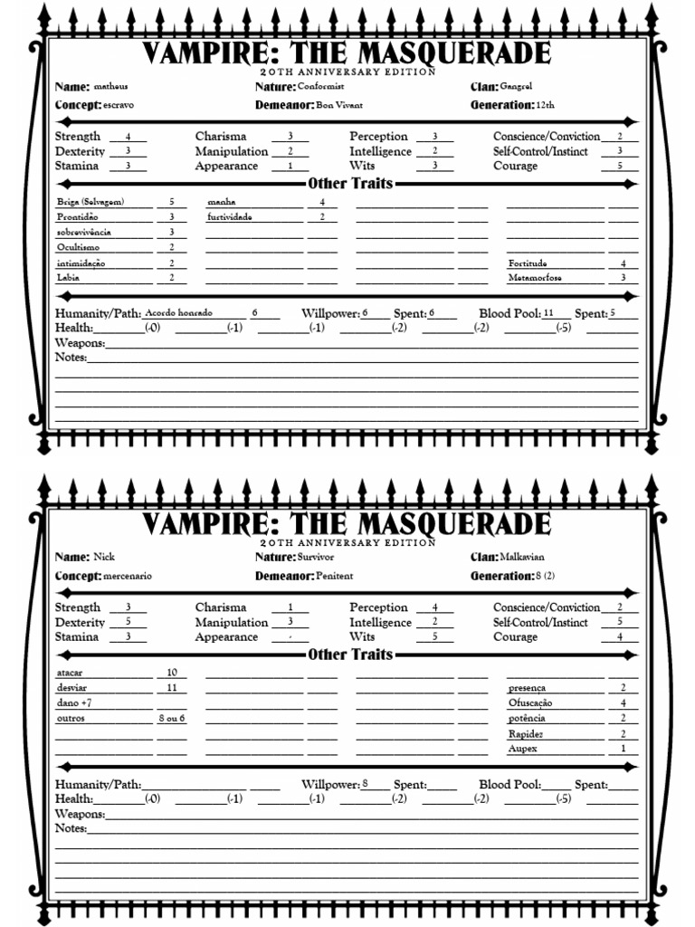 Vampire The Masquerade NPC Character Sheet | PDF | Vampires