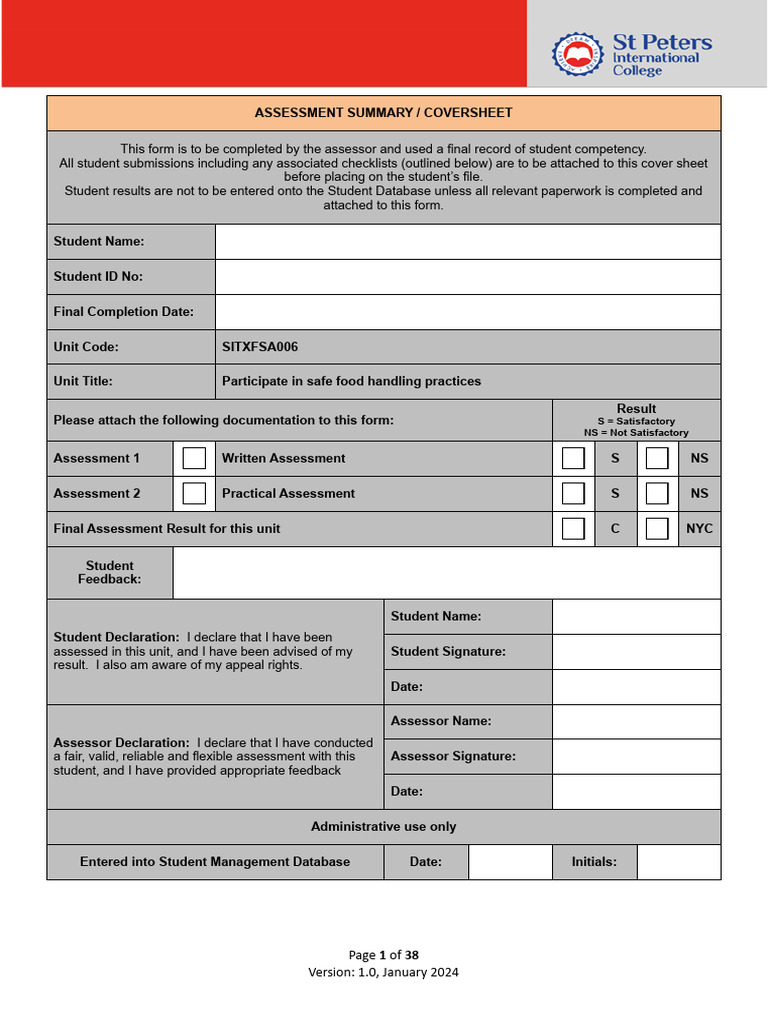Student Food Handling Assessment Form | PDF | Food Safety | Foodborne ...