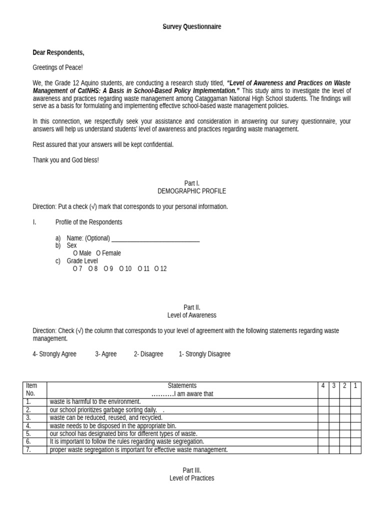 Survey Questionnaire | PDF | Waste Management | Waste Survey Questionnaire | PDF | Waste Management | Waste