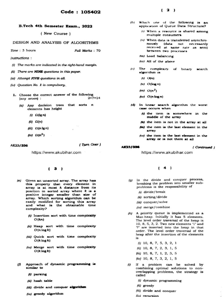 Btech Cse 4 Sem Design and Analysis of Algorithms 105402 2022 | PDF ...