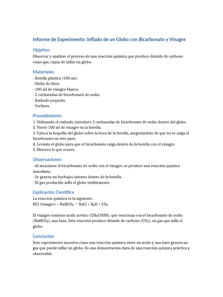 Informe Experimento Globo Bicarbonato Vinagre | PDF