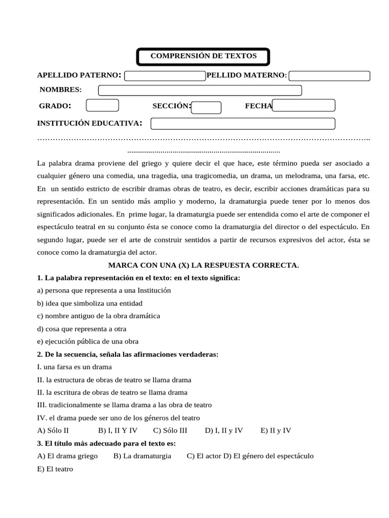 FICHA comprensión lectora lapalabra Drama | PDF