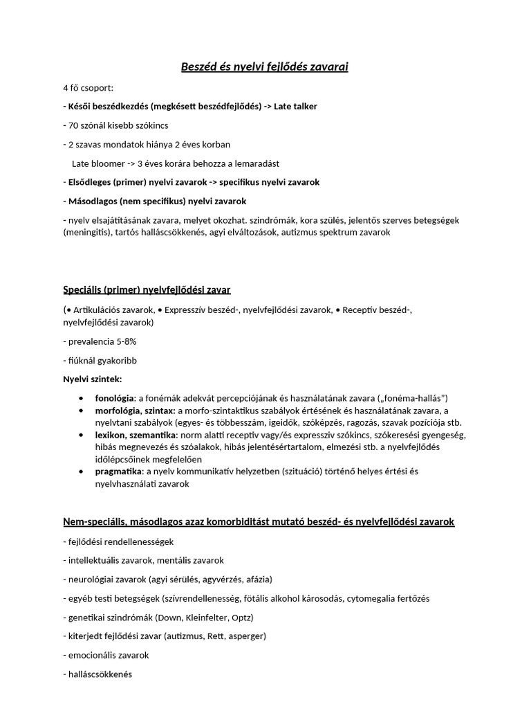 Beszéd És Nyelvi Fejlődés Zavarai | PDF