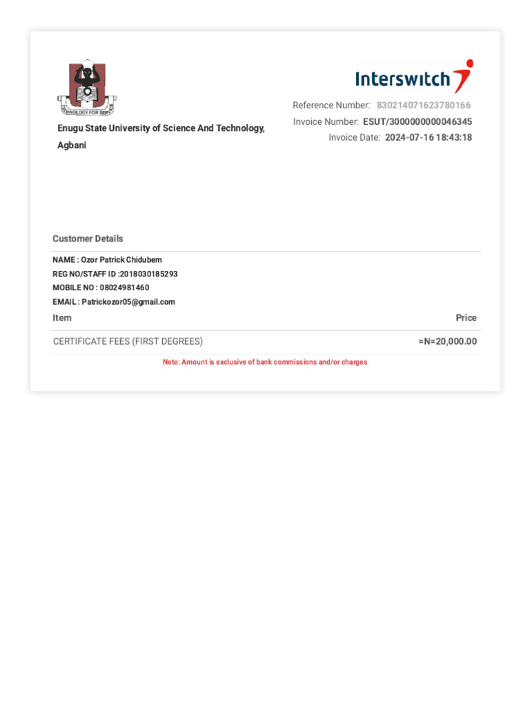ESUT Degree Certificate Fee Invoice | PDF