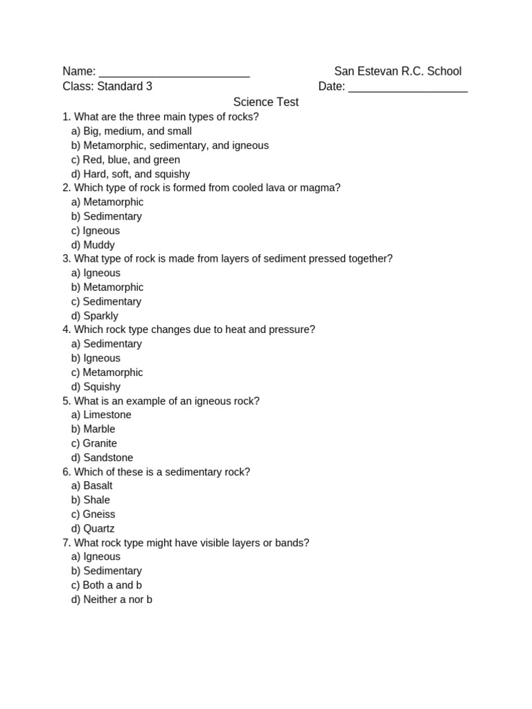 Standard 3 Science Test: Rock Types | PDF