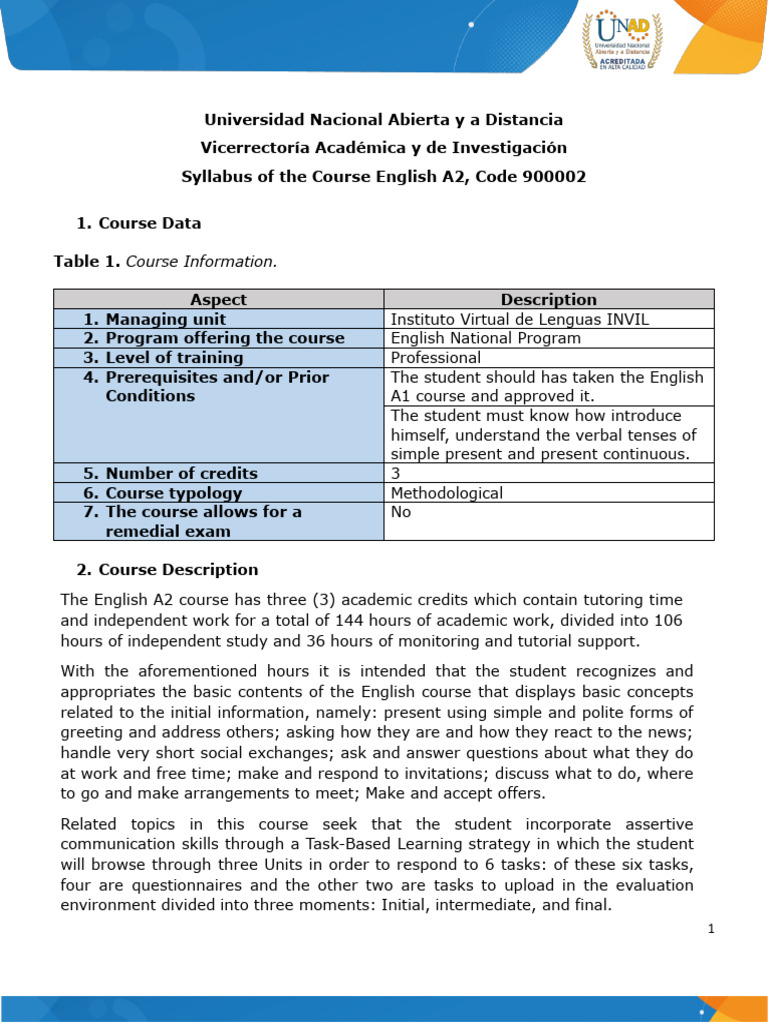 English A2 Course Syllabus Overview | PDF | Linguistics | Learning