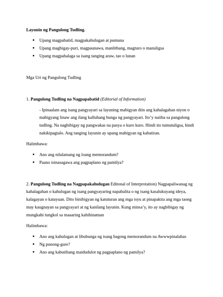 Layunin at Uri NG Pangulong Tudling | PDF