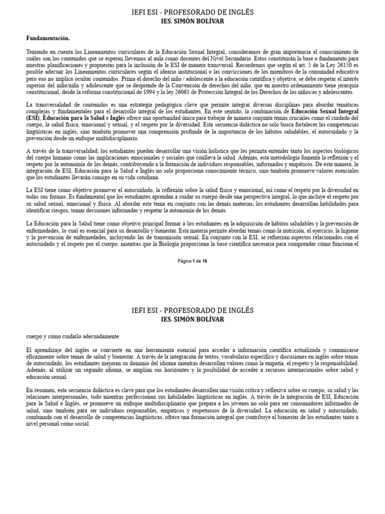 Secuencia Didactica ESI-IEFI.docx | PDF | Educación sexual | Educación para la salud