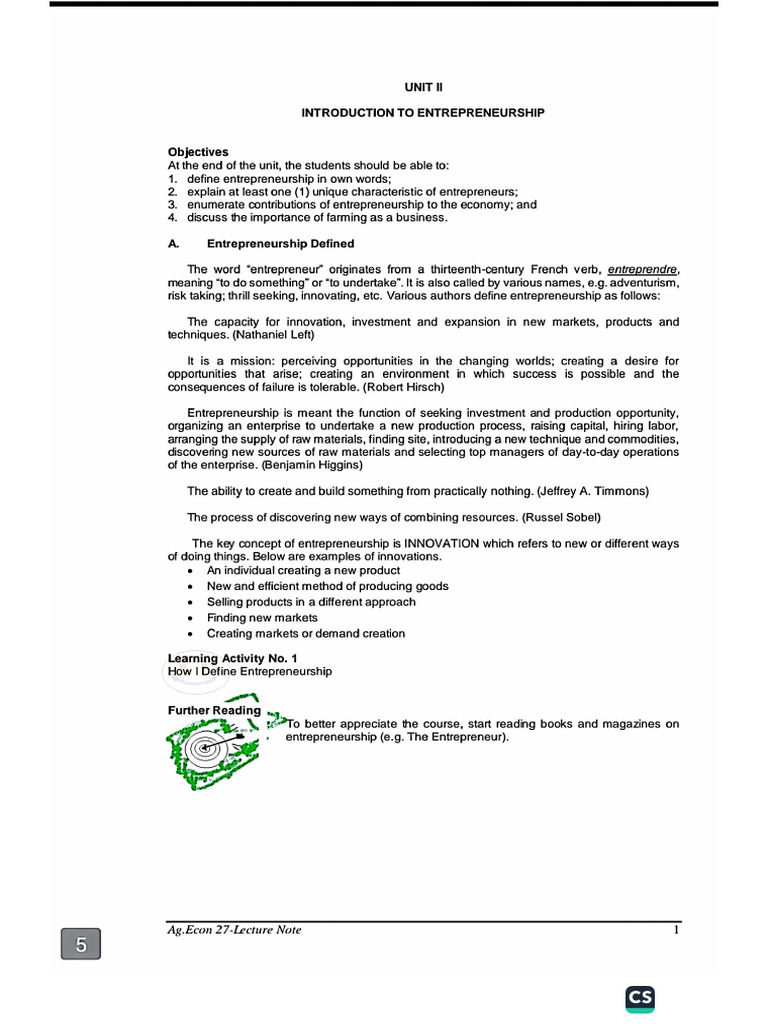 Agric 10 Unit 1 Intro to Entrep (1) | PDF